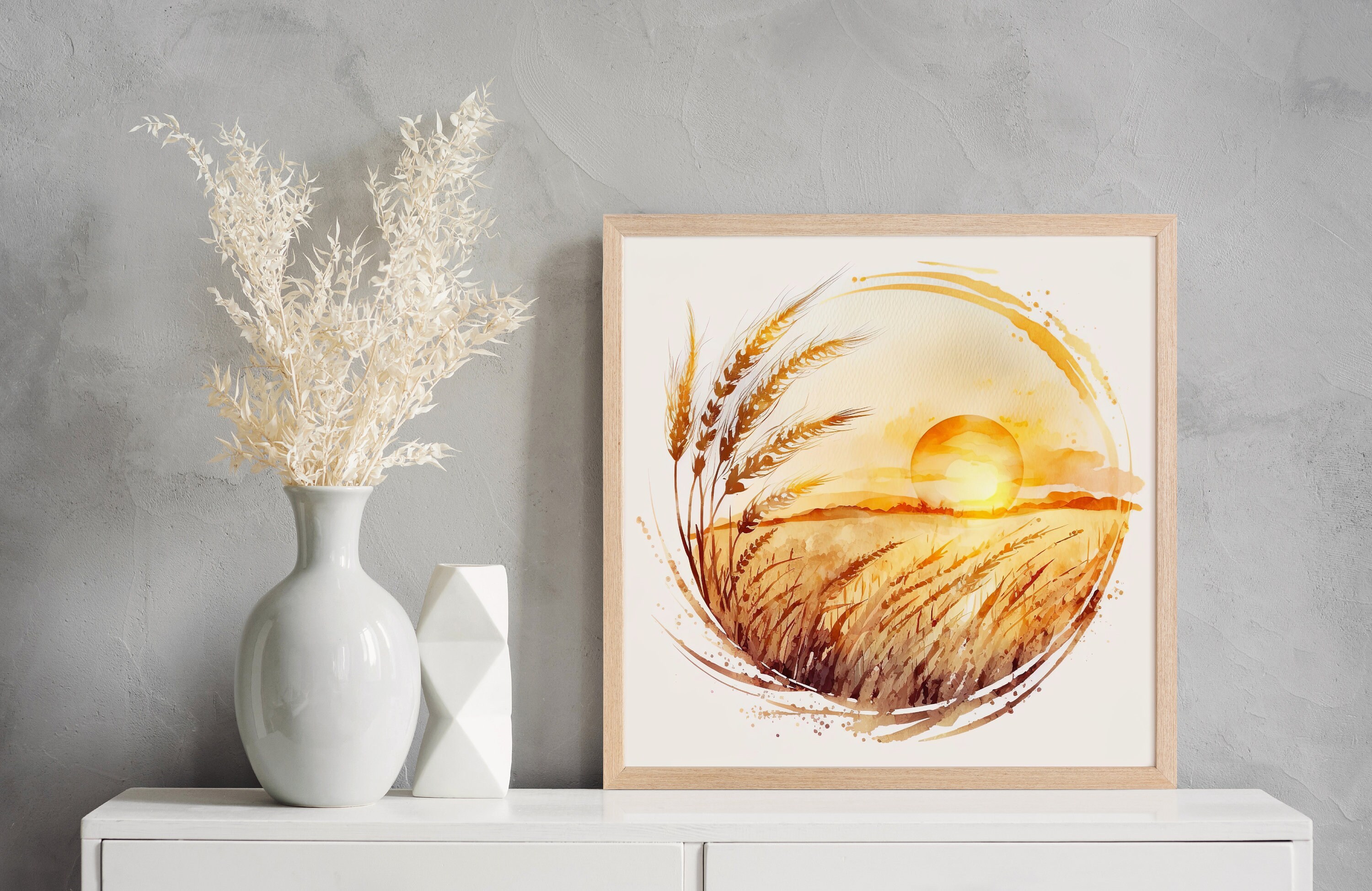 Golden Fields Watercolor Painting Wheat Field Print Artwork Sunset ...