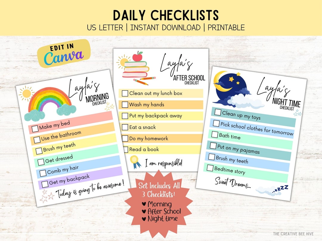 Editable Daily Responsibility Chore Chart for Kids Rainbow Daily ...