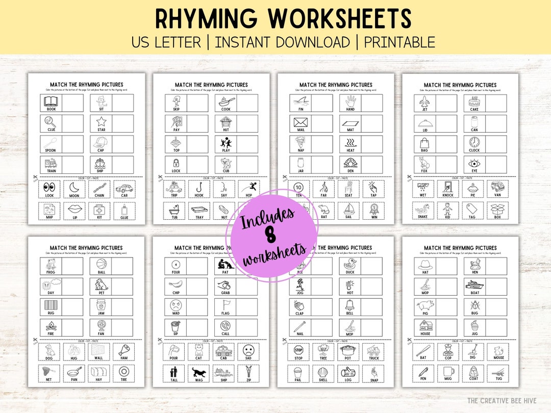 Rhyming Word Matching Worksheets | Preschool Learning | Kindergarten ...