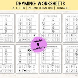Rhyming Word Matching Worksheets Preschool Learning Kindergarten ...
