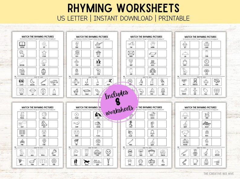 Rhyming Word Matching Worksheets | Preschool Learning | Kindergarten ...
