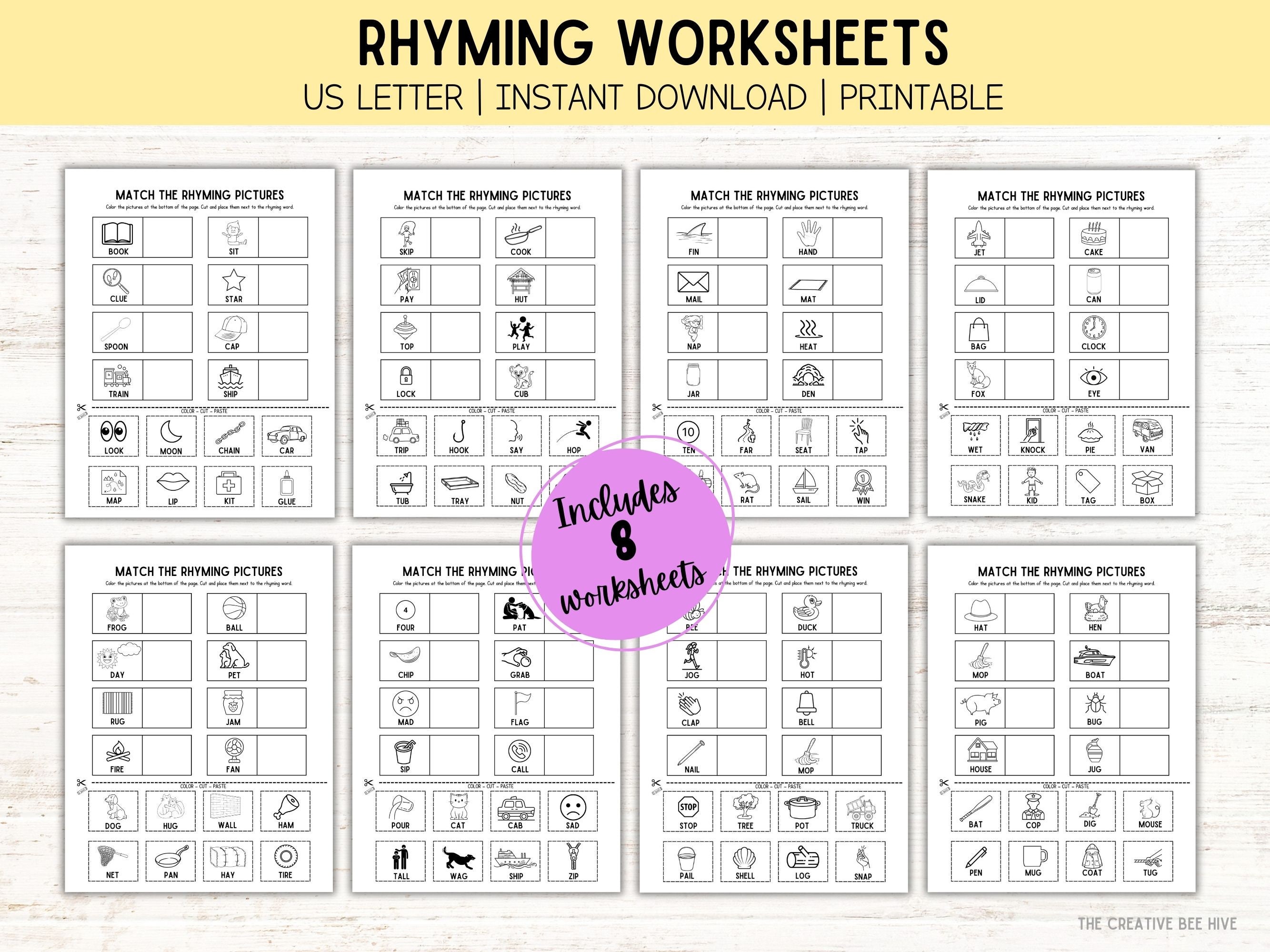 Rhyming Word Matching Worksheets Preschool Learning Kindergarten ...