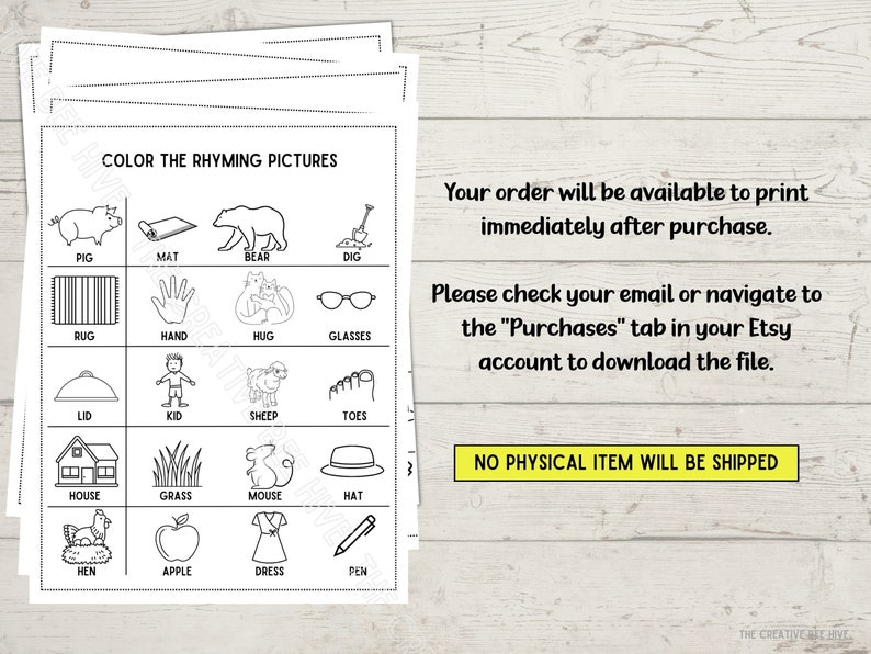 Rhyming Word Matching Worksheets Preschool Learning - Etsy