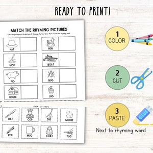 Rhyming Word Matching Worksheets | Preschool Learning | Kindergarten ...
