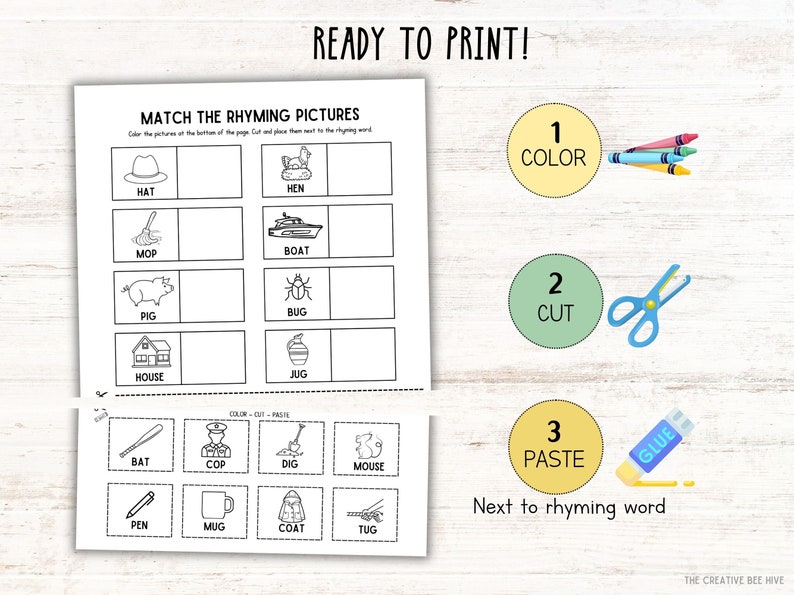 Rhyming Word Matching Worksheets | Preschool Learning | Kindergarten ...