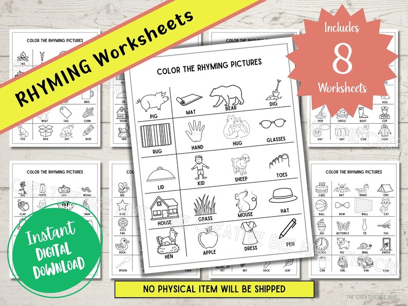 Rhyming Word Matching Worksheets Preschool Learning - Etsy