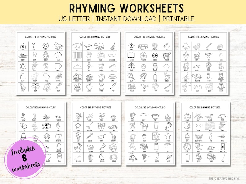 Rhyming Word Matching Worksheets | Preschool Learning | Kindergarten ...