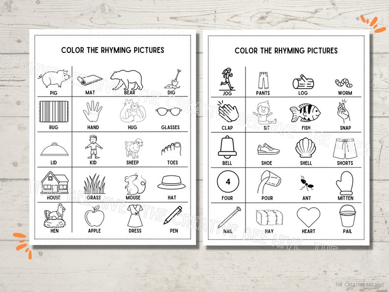 Rhyming Word Matching Worksheets Preschool Learning - Etsy