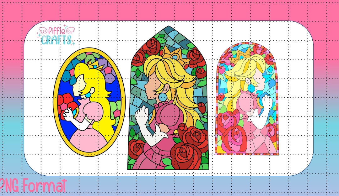 Princess Peach Stained Glass Window Bundle PNG Color/black & White ...