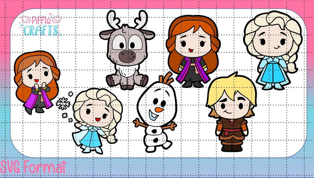 Frozen Chibi Svg Png Elsa Anna Kristoff Sven Olaf Hand Drawn Perfect For Bunting Magnets Or
