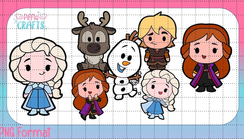 Frozen Chibi PNG Elsa Anna Kristoff Sven Olaf Hand Drawn Perfect for ...