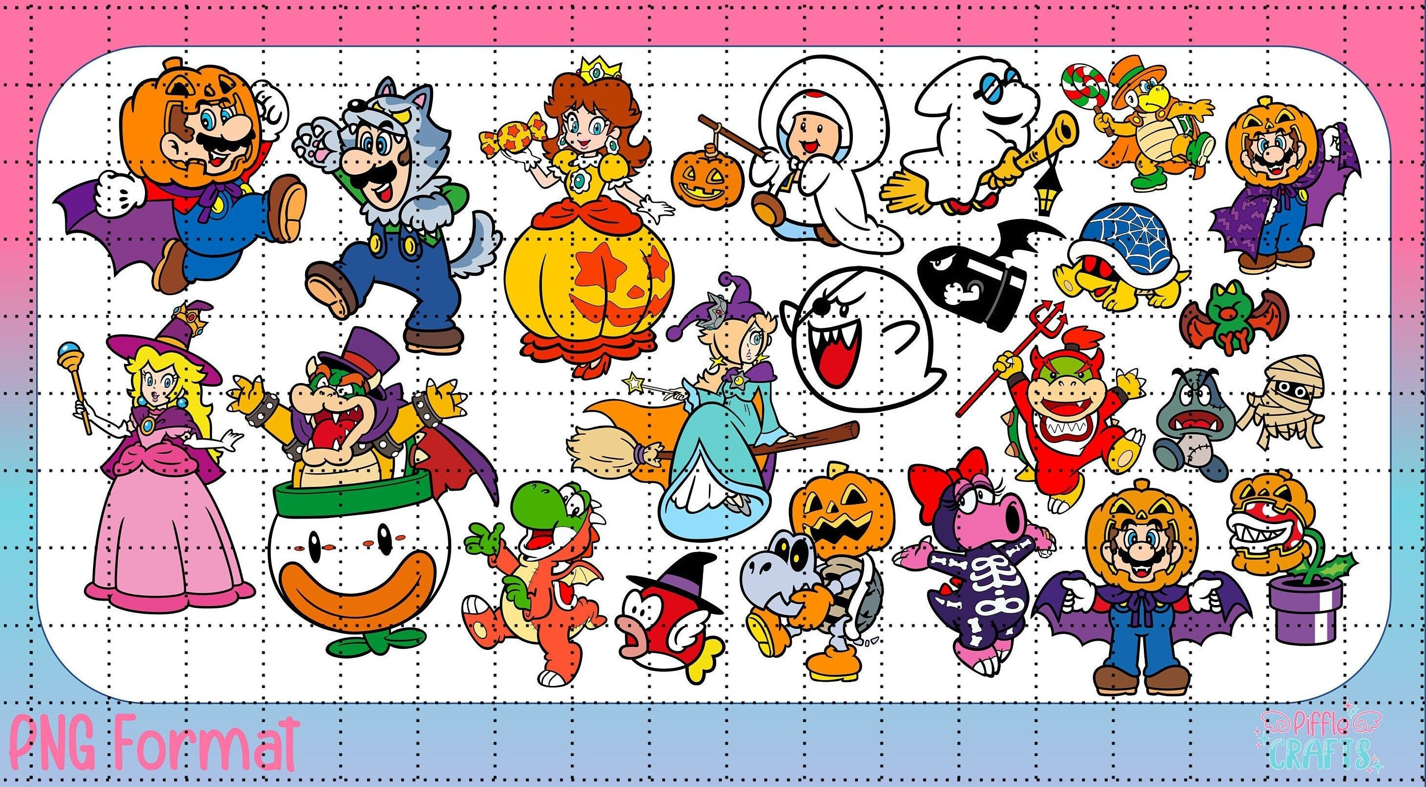 Halloween Mario PNG Files Hand Drawn Mario Peach Bowser Daisy Luigi ...