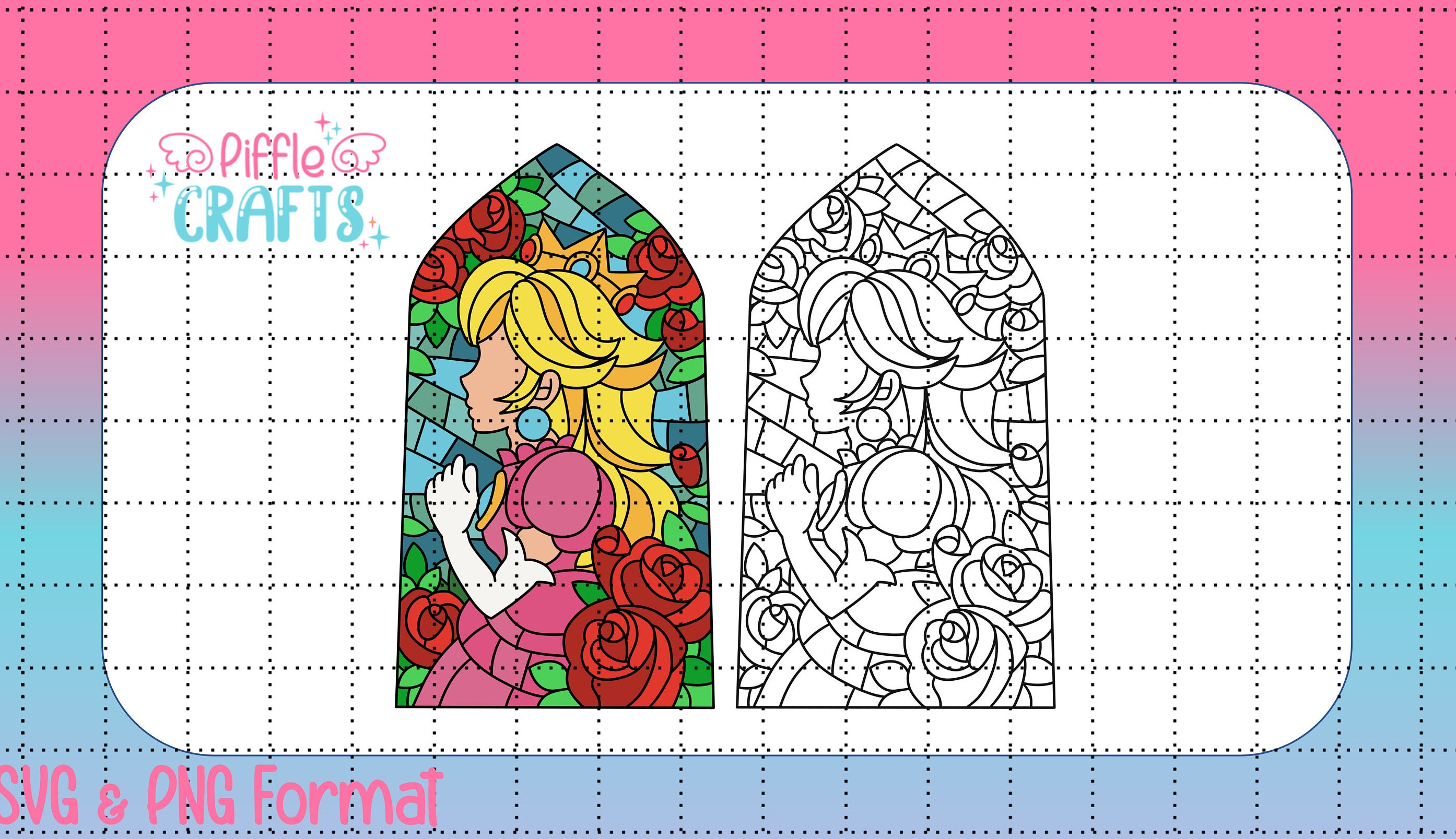 Princess Peach Stained Glass Window Bundle PNG & SVG Color/black-white ...