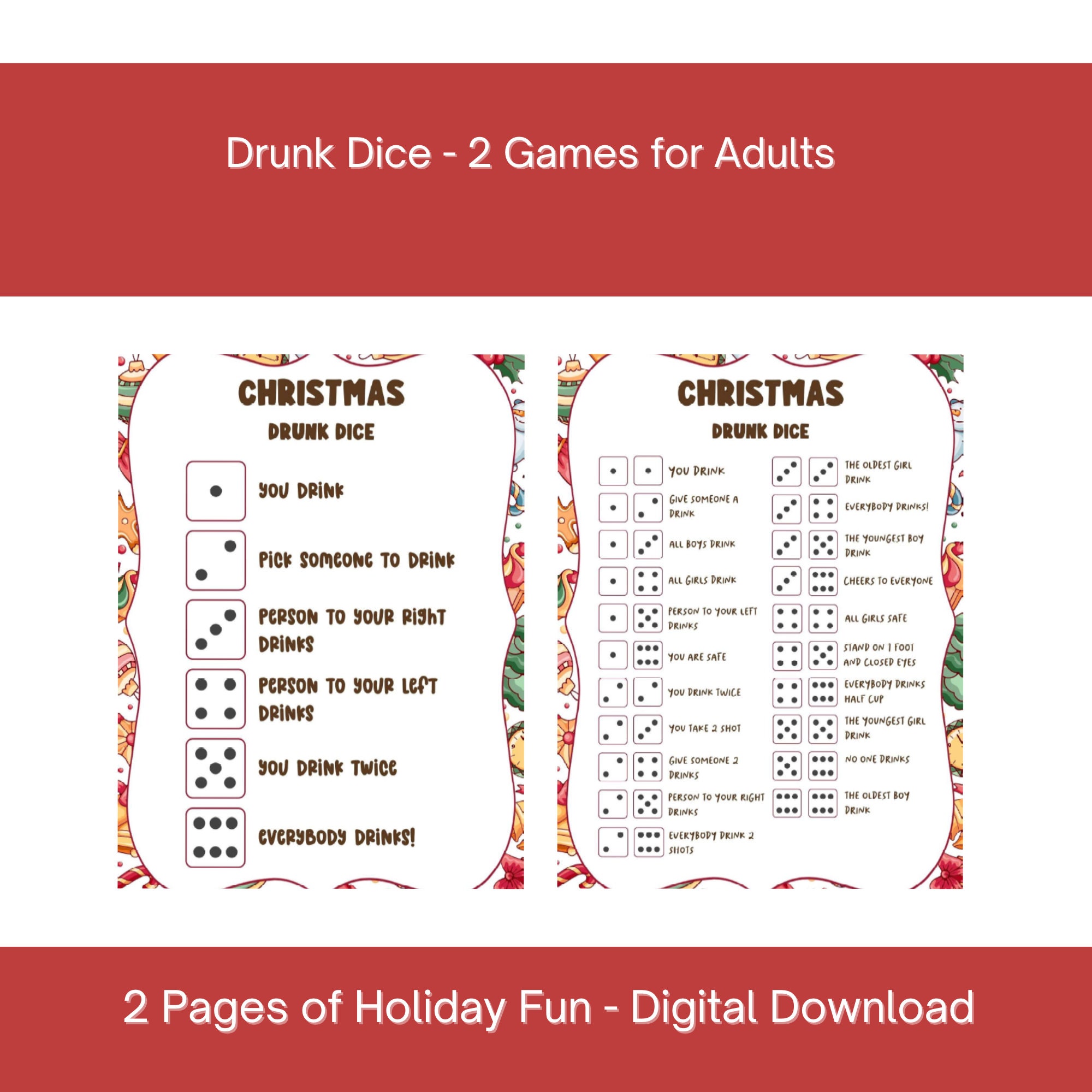 Holiday Drunk Dice Game - Printable - Regular Drunk Dice and Extreme ...