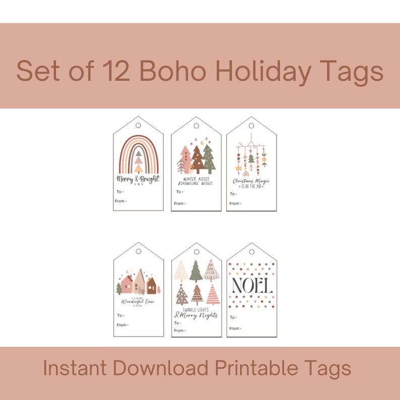 Boho Christmas Gift Tags, Boho Holiday Gift Tags, Set of 12 Boho ...