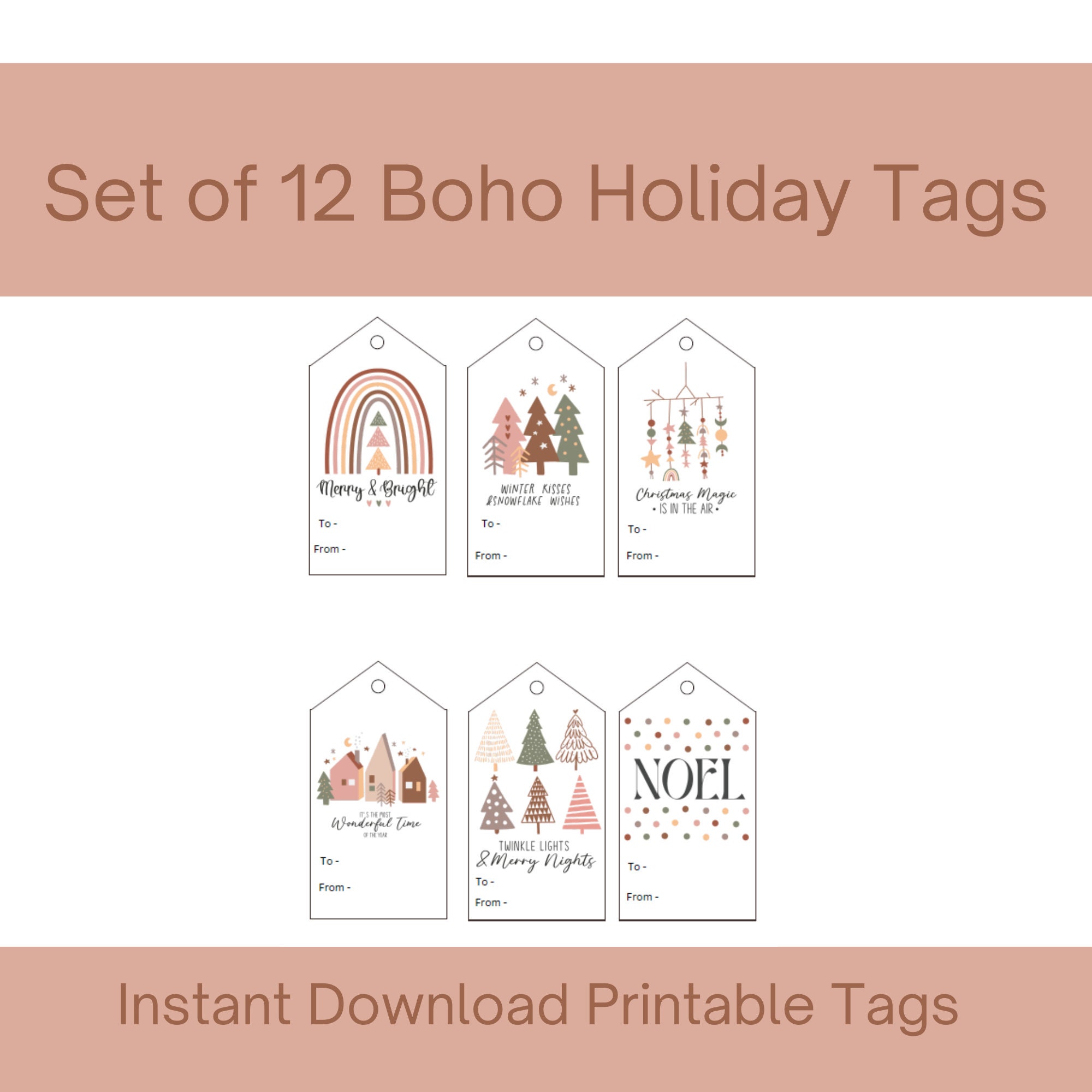 Boho Christmas Gift Tags, Boho Holiday Gift Tags, Set of 12 Boho ...