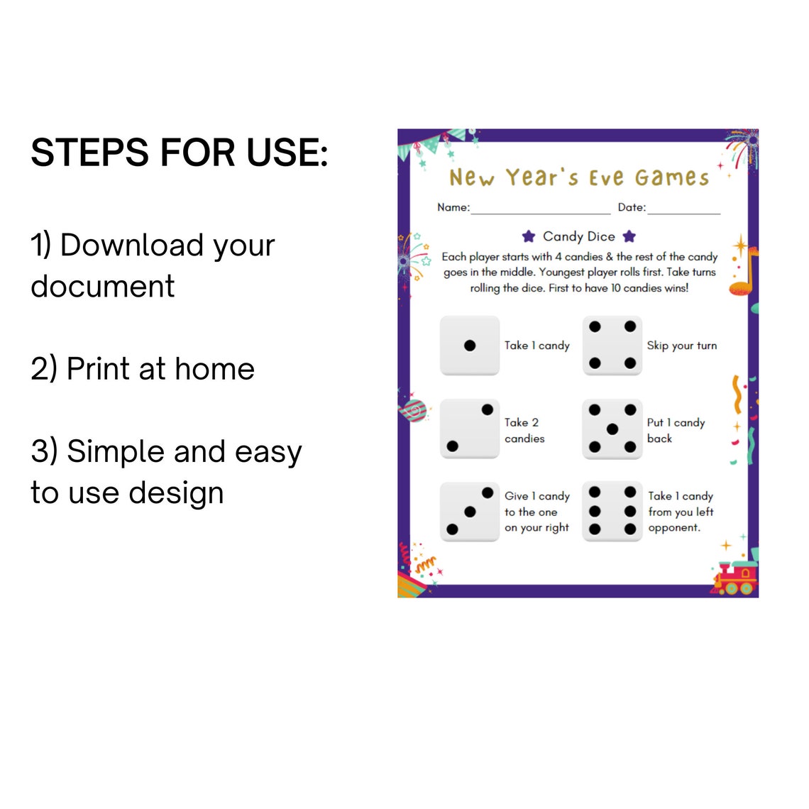 New Year's Eve Party Games and Activities for Kids, Candy Dice Game ...