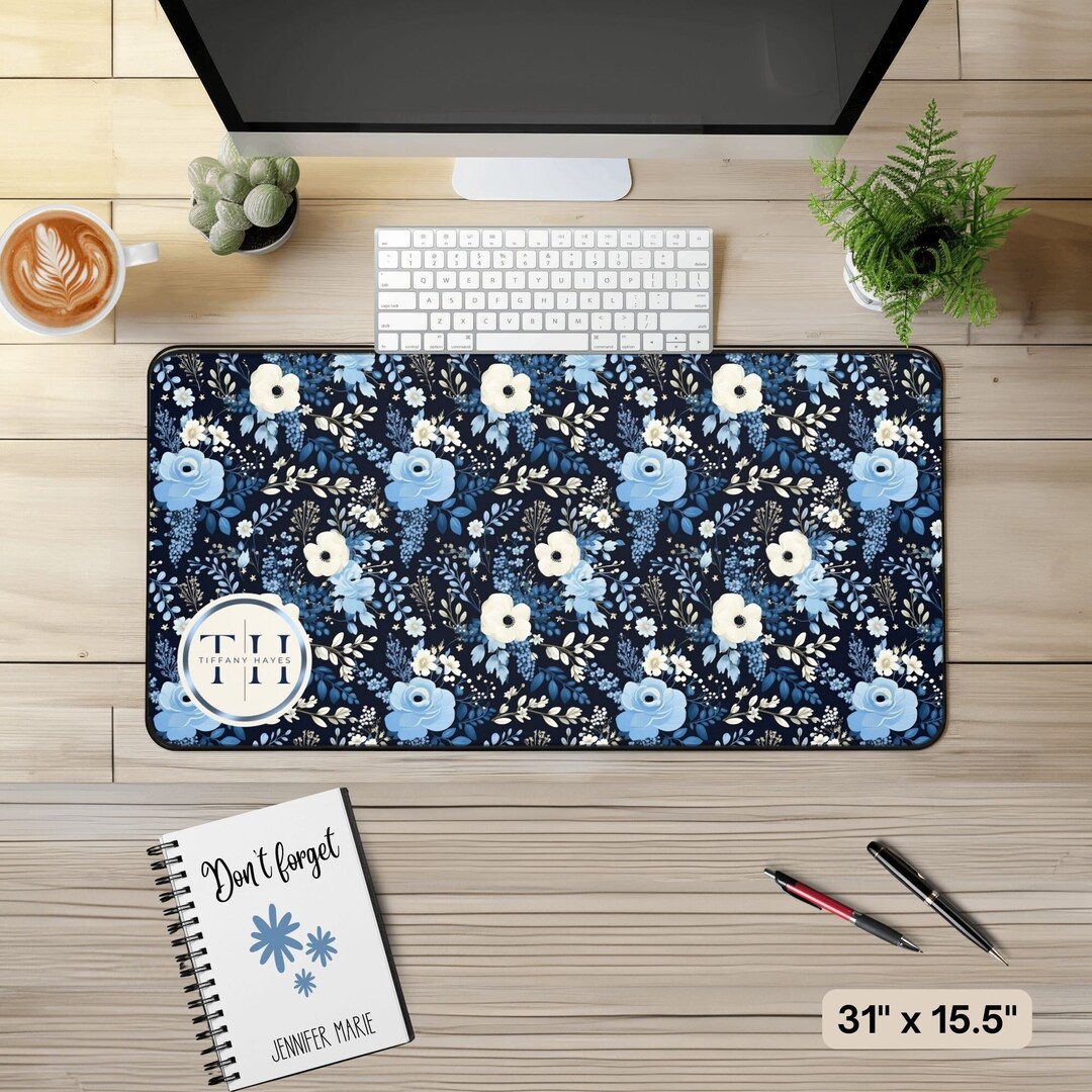 Floral Desk Mat, Blue Desk Mat, Vintage Aesthetic Mousepad, Wildflower ...