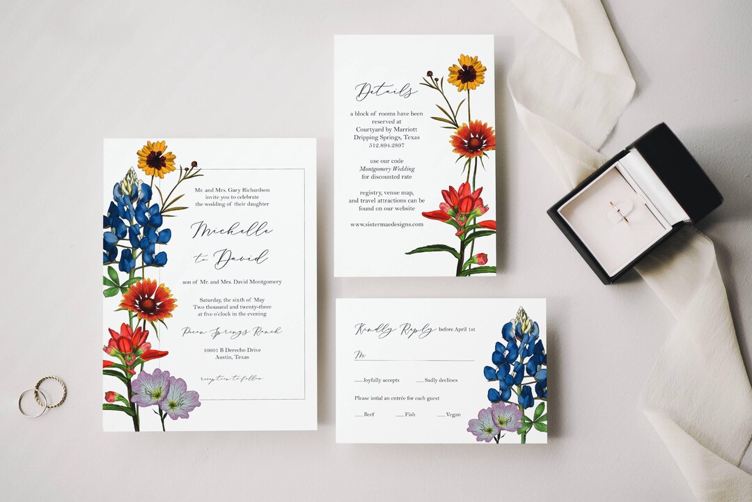 Texas Wildflower Wedding Invitation Suite Templates | 3 Piece Wedding ...
