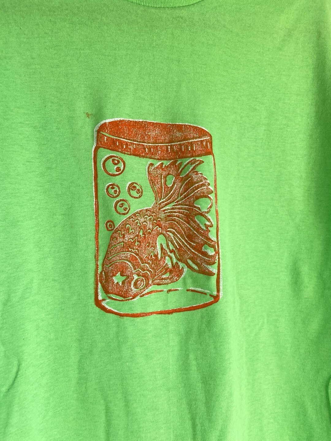 Size Medium Green Fish in a Jar Hand Printed T Shirt - Etsy