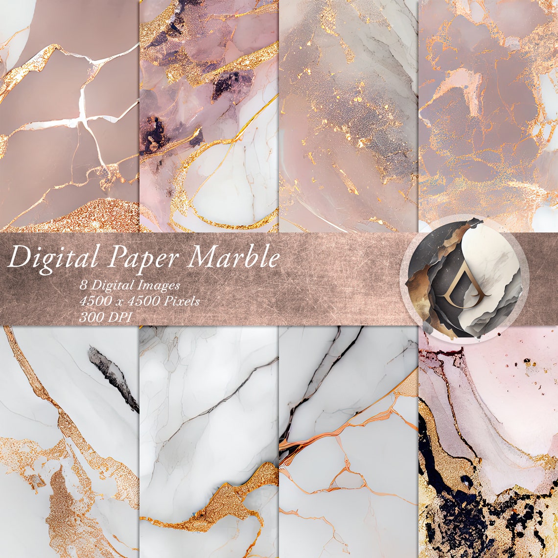 Rose Gold Marble Digital Paper Printable Paper for Scrapbook, Wedding ...