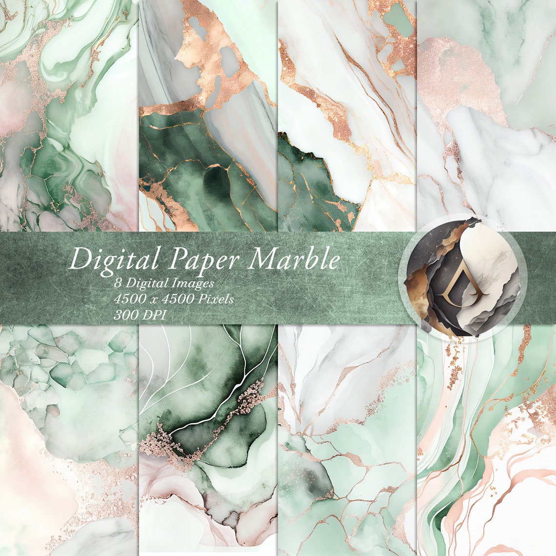 Sage Green and Rose Gold Marble Digital Paper - Perfect for DIY ...