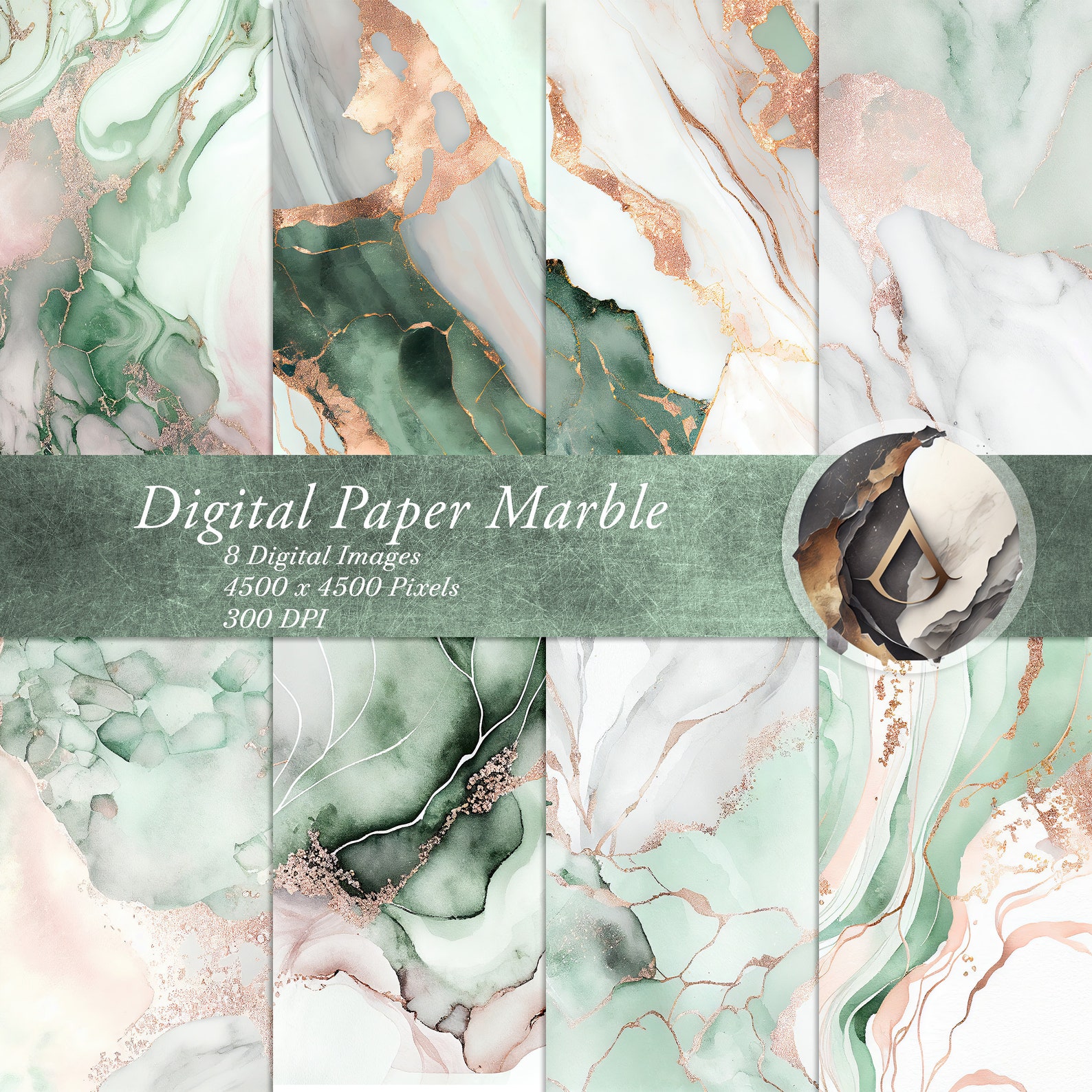 Sage Green and Rose Gold Marble Digital Paper - Perfect for DIY ...