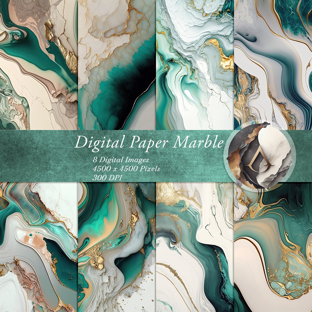High Quality Marbled Digital Papers in Green and Gold - Perfect for DIY ...