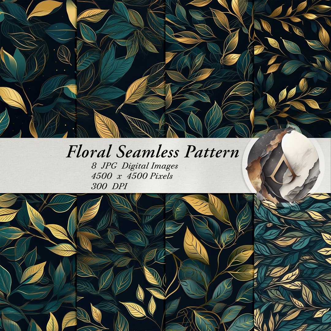 Gold and Green Leaf Pattern - Seamless Pattern Digital Paper Pack ...