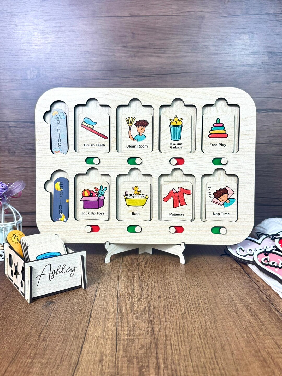 Wooden Routine Chart for Kids - Educational Responsibility Tracker With ...