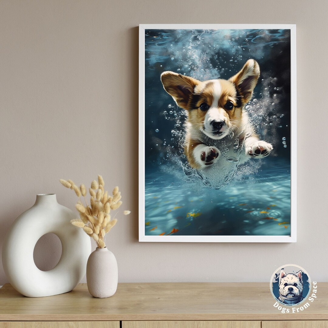 Corgi Puppy Pool Dive, Dog Poster, Dog Decor, Print, Dog, Corgi Puppy ...