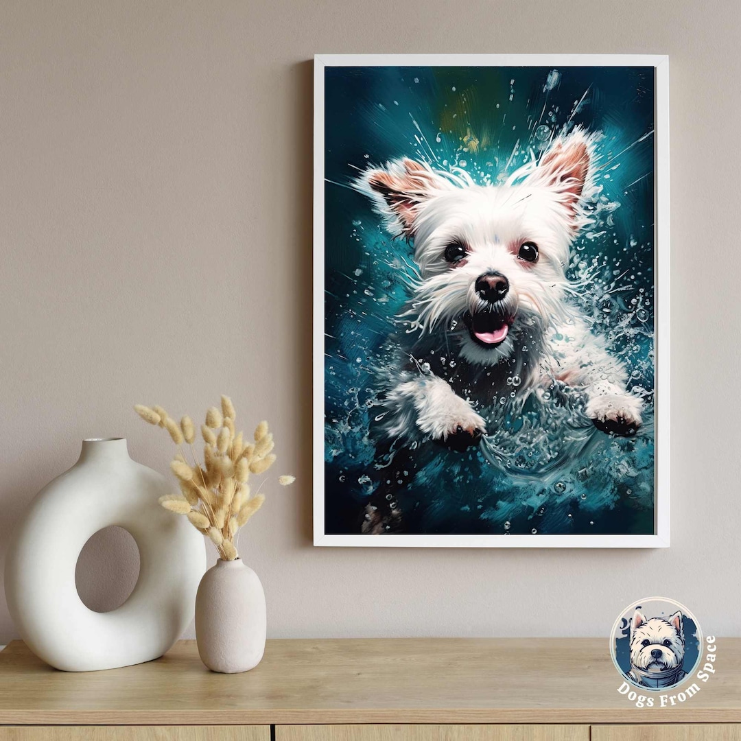 Maltese Puppy Pool Dive, Dog Poster, Dog Decor, Print, Maltese, Puppy ...