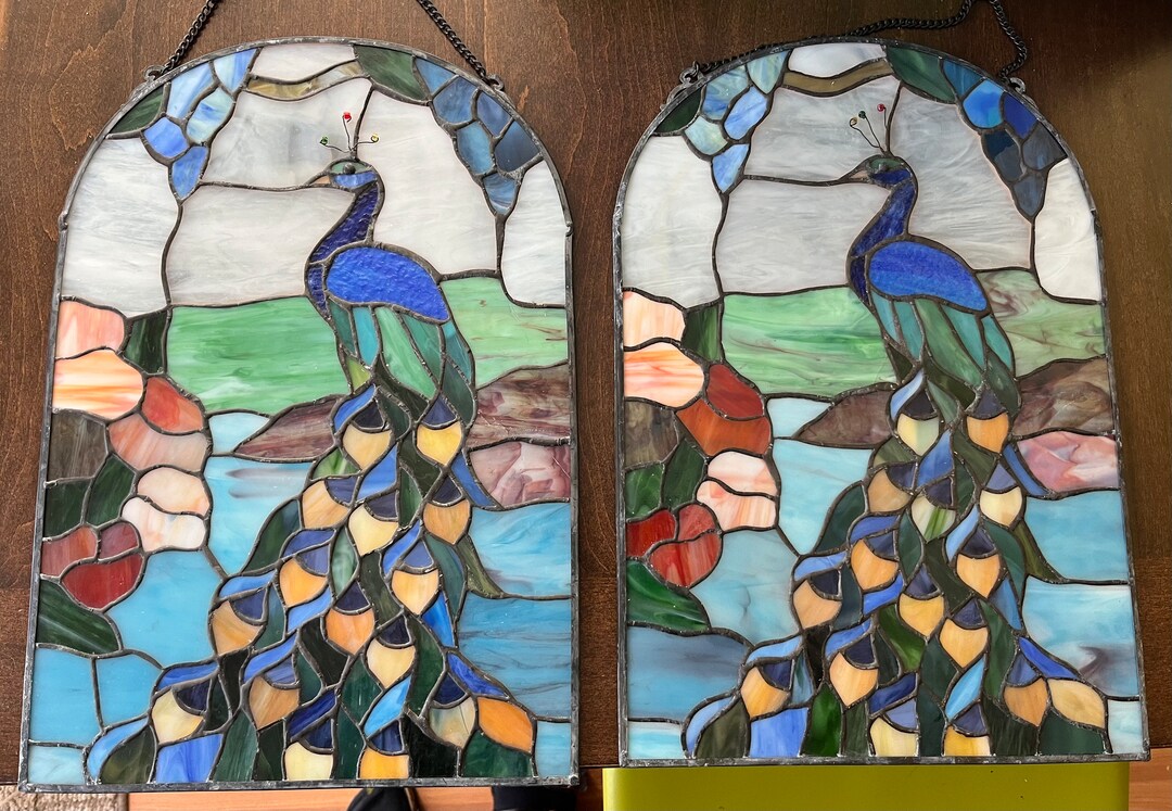 Two Tiffany Style Stained Glass Panels Peacock - Etsy