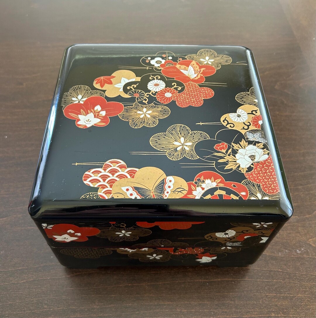 Vintage Square Laquer Stacking Bento Box Three Tier Floral - Etsy