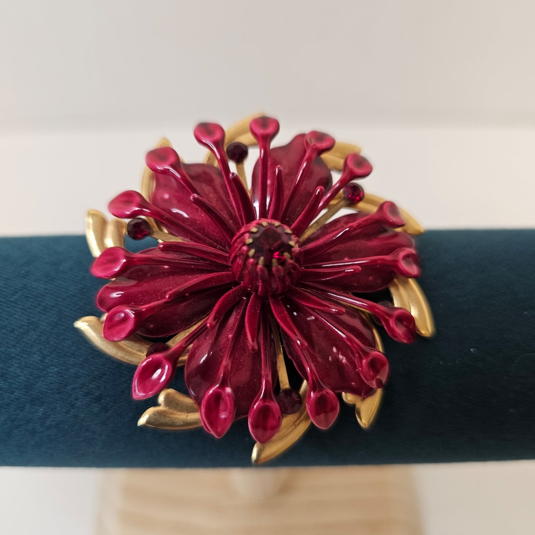 Gold Tone Metal Red Burgundy Flower Brooch Red Rhinestone Pin Unmarked ...