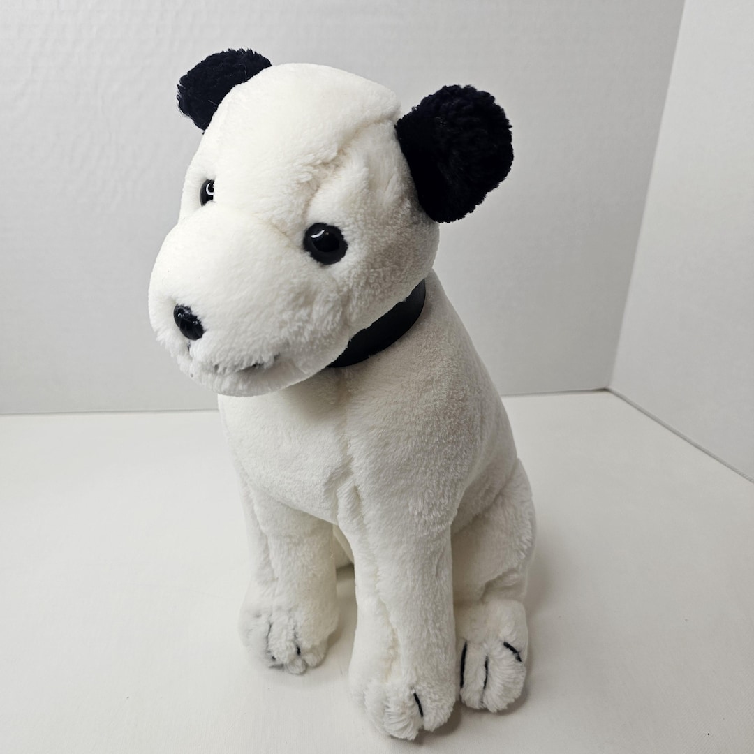 Vintage Dakin RCA 1993 Dog Chipper Plush White Puppy Black Ears Stuffed ...