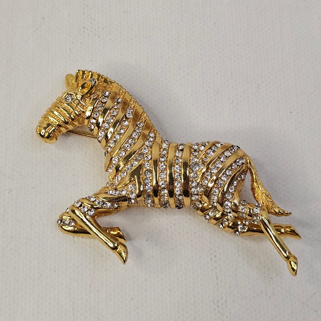 Oleg Cassini 1964 Gold Tone Zebra Horse Brooch Clear Rhinestone Marked ...