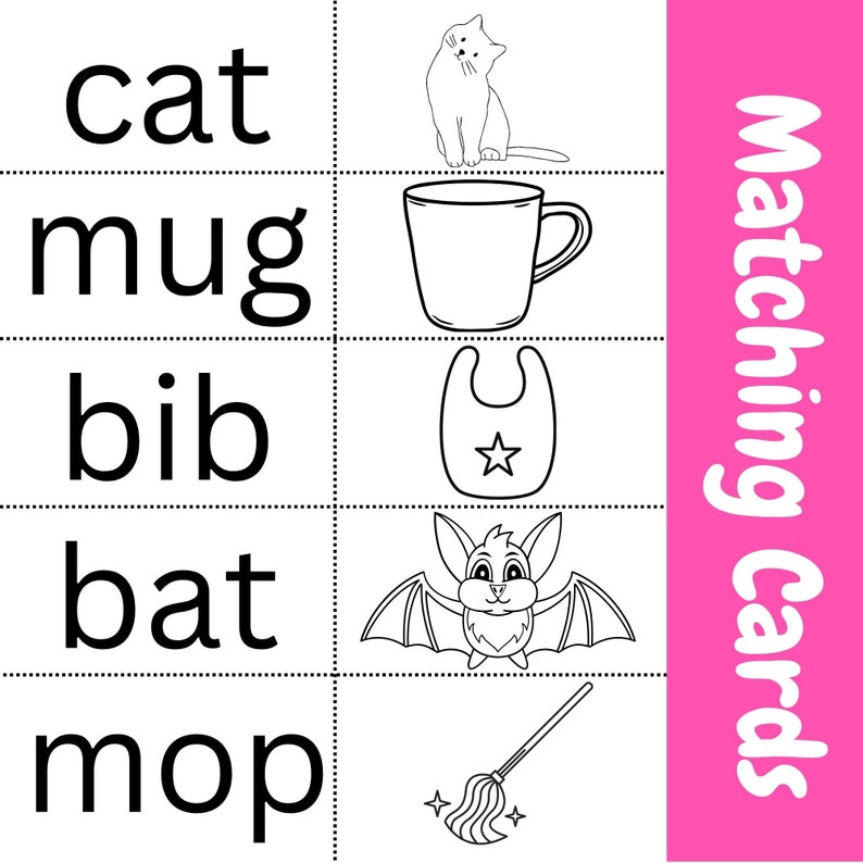 Word to Picture Matching Game Flash Cards Learning to Read Kindergarten ...