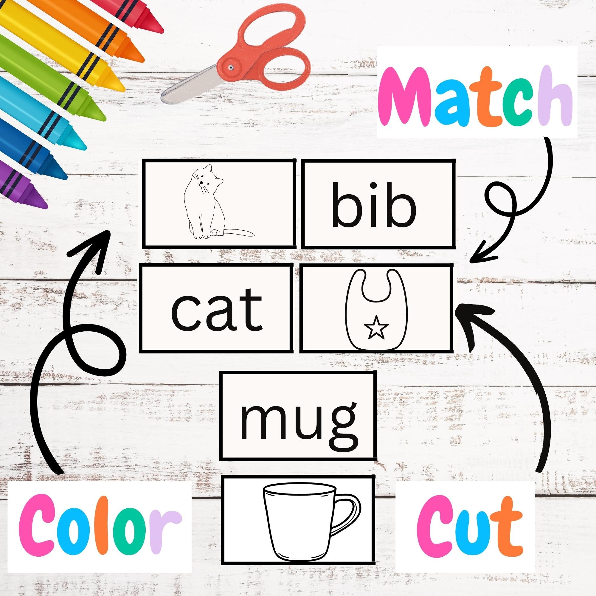 Word to Picture Matching Game Flash Cards Learning to Read Kindergarten ...