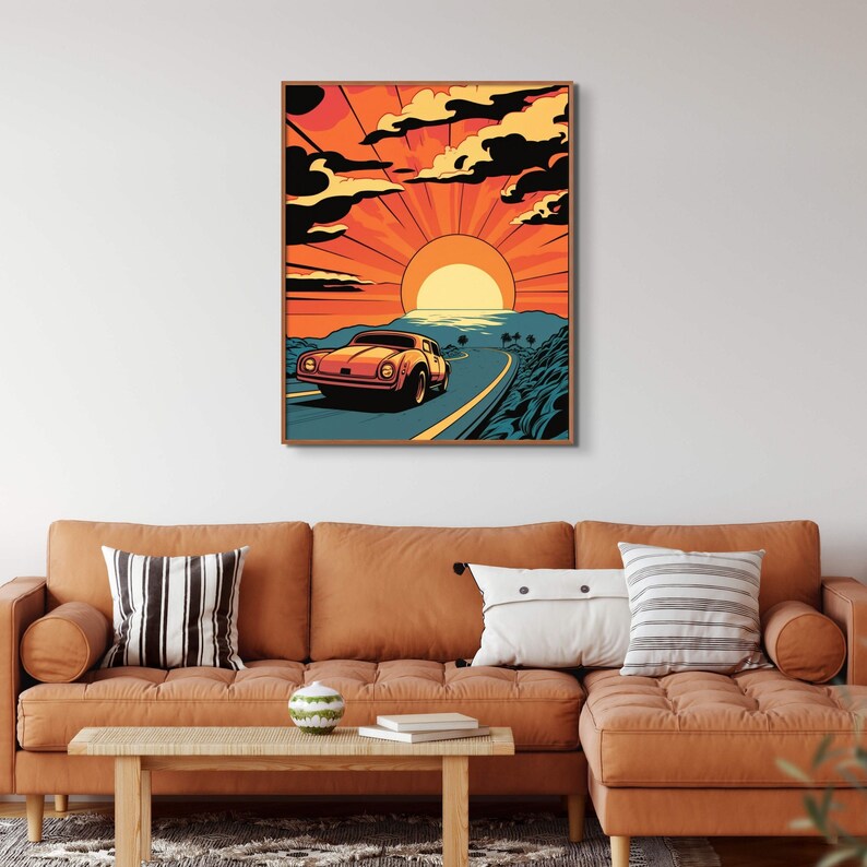 Retro Sunset Drive Printable Vintage Car Artwork, Orange Sunset Digital ...