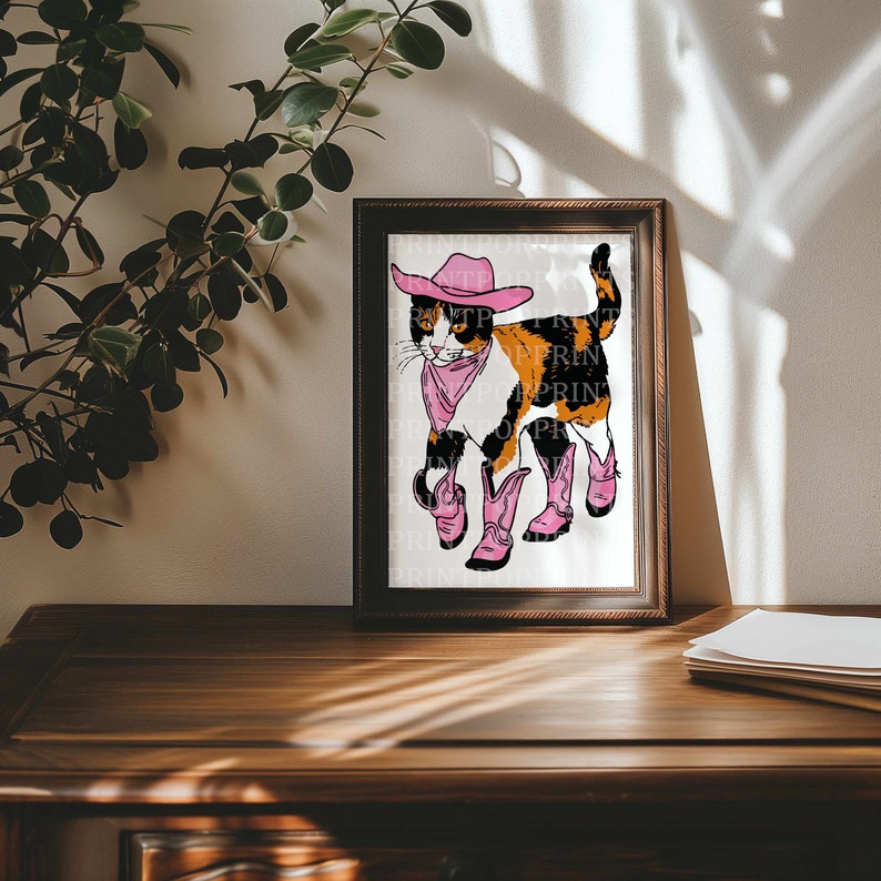 Retro Calico Cat Cowboy Digital Art Pink Western Outfit Cat ...