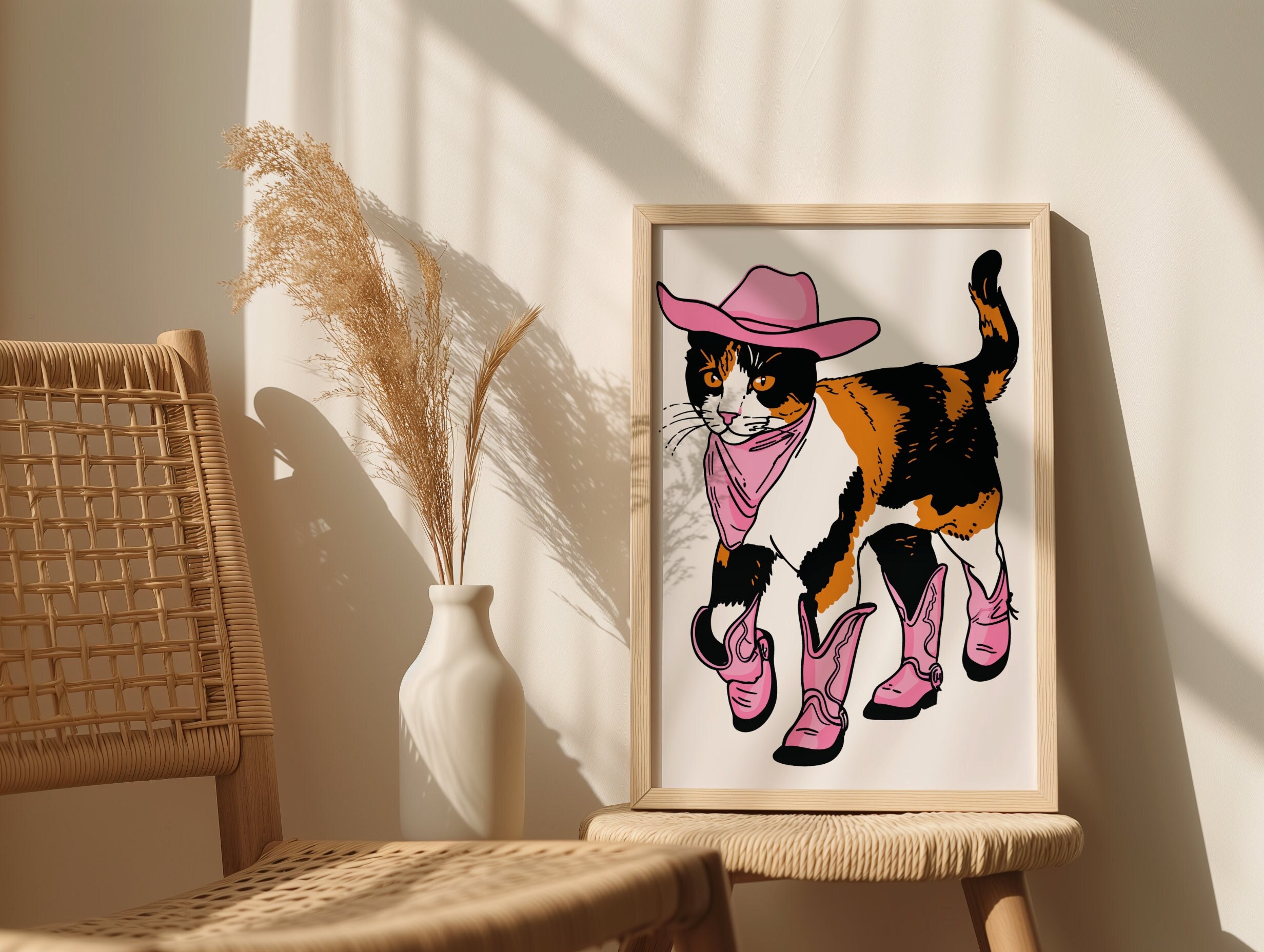 Retro Calico Cat Cowboy Digital Art Pink Western Outfit Cat ...