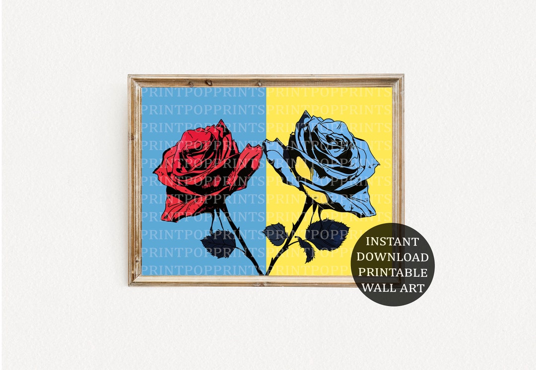 Pop Art Duo Roses Printable Wall Art Red and Blue Roses on Contrasting ...
