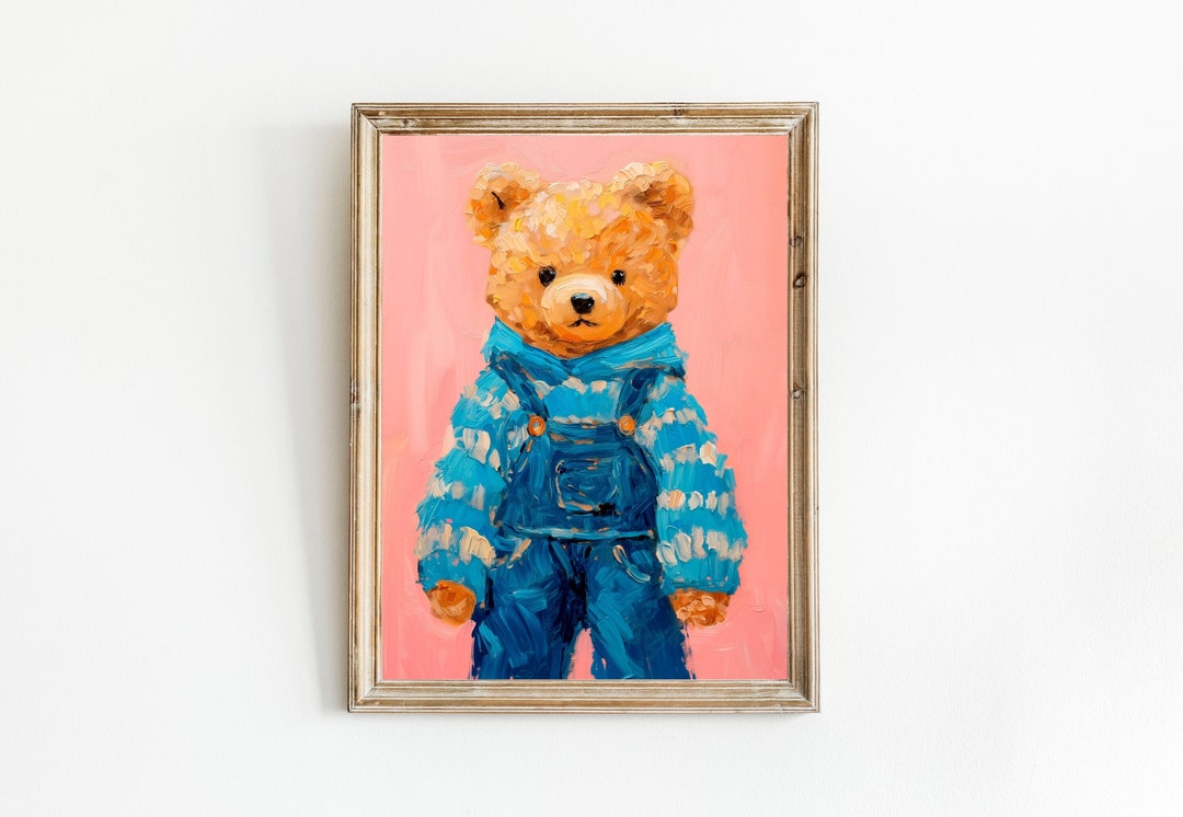 Charming Teddy Bear Digital Art - Blue Overalls & Sweater | Nursery ...