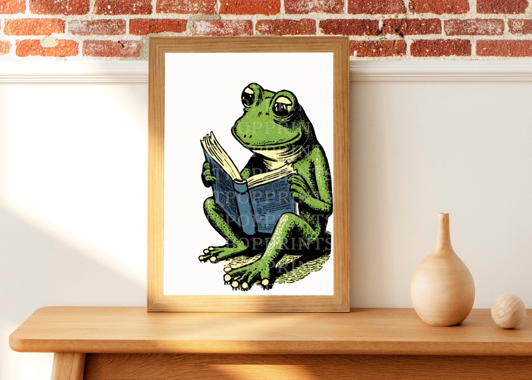 Retro Reading Frog Poster Cute Frog Wall Art Book Wall Art Library Wall ...