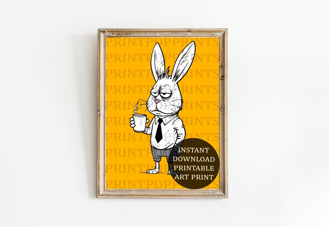Grumpy Office Bunny Coffee Lover's Art Print, Quirky Home Office Decor ...
