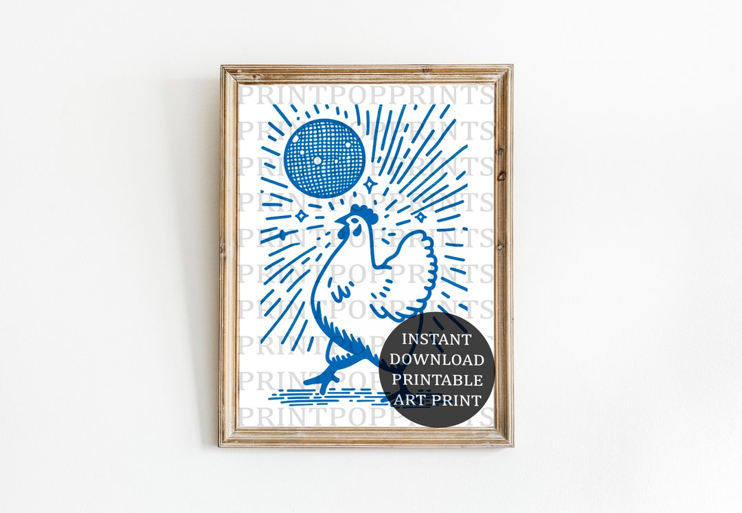 Retro Disco Chicken Dance Party - Blue Linocut Style Digital Print ...