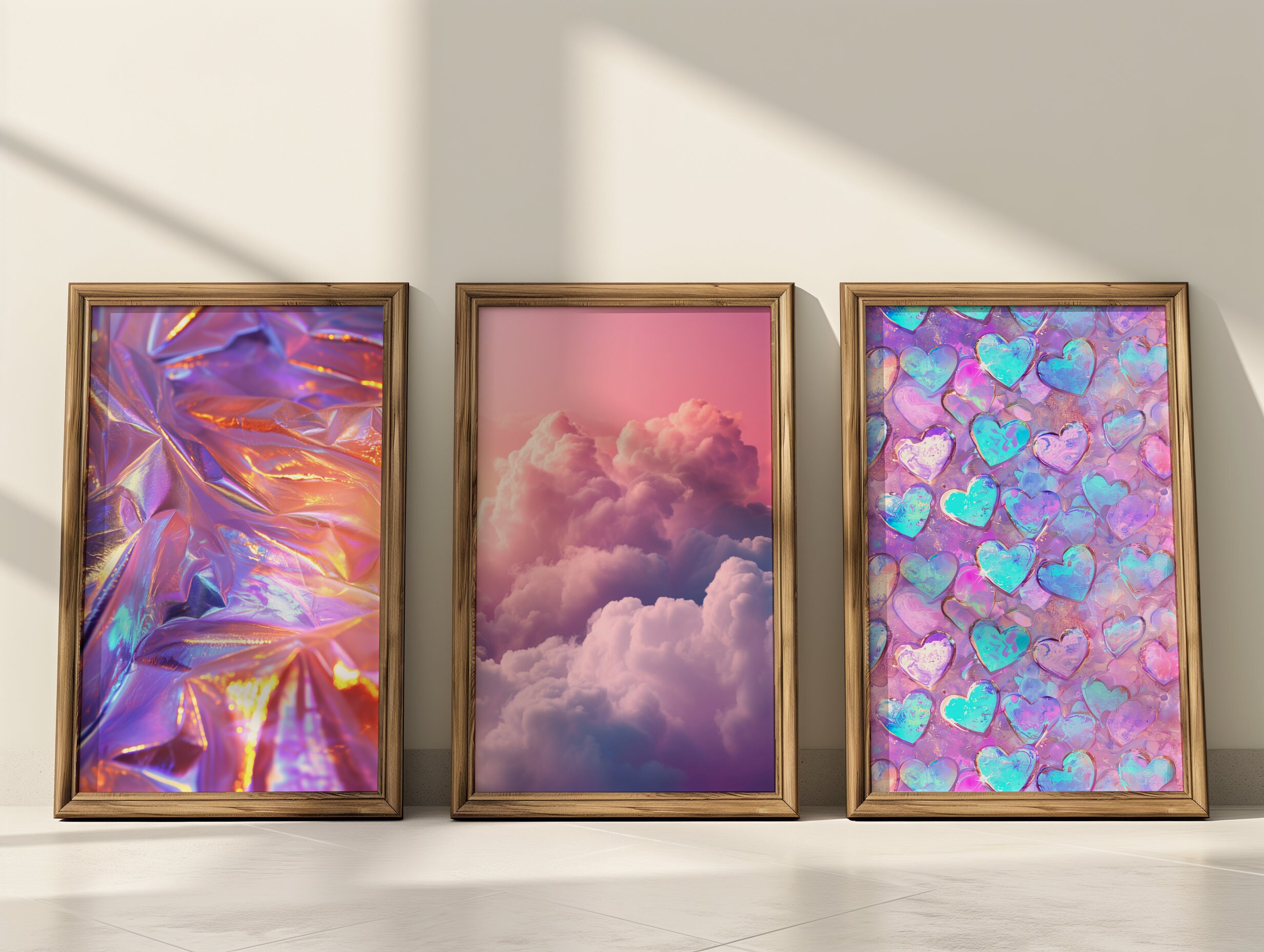 Pastel Dreamscape & Holographic Textures Printable Art Set Pink Clouds ...