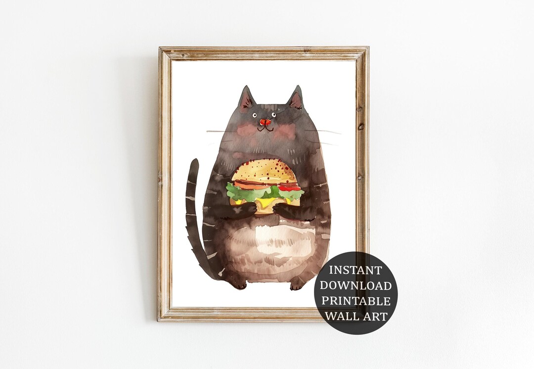 Whimsical Cat Cheeseburger Watercolor Playful Cat Art Print Instant ...