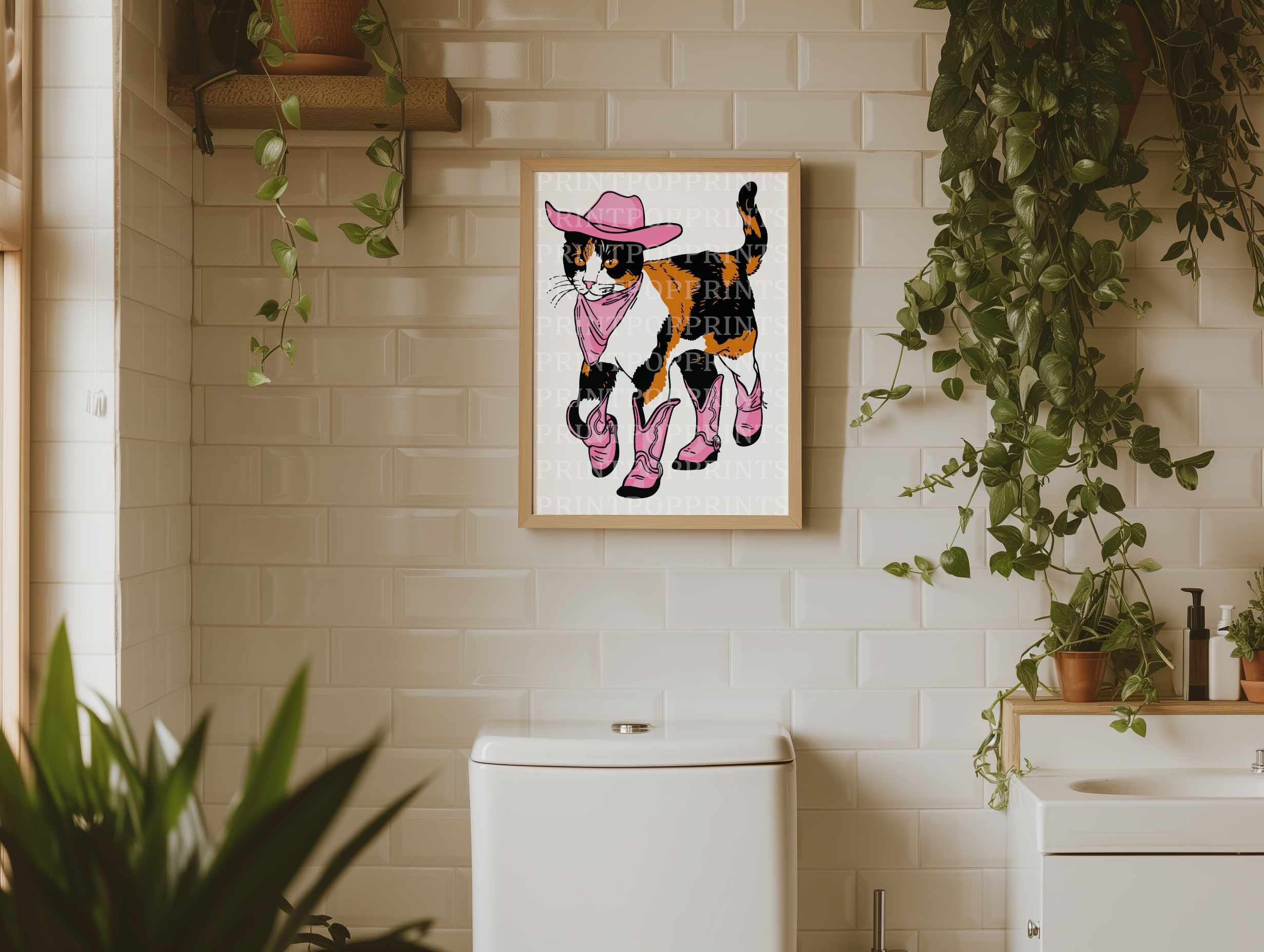 Retro Calico Cat Cowboy Digital Art Pink Western Outfit Cat ...